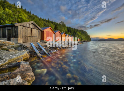 Colorful Boathouse in Norwegian fjord near Rodven in More og Romsdal ...