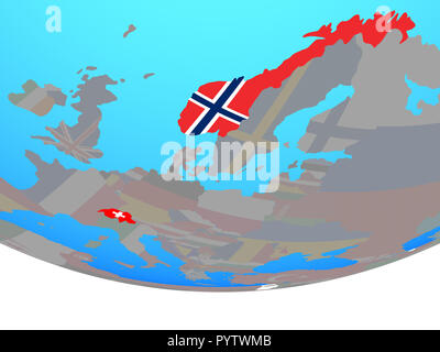 EFTA countries with national flags on simple political globe. 3D ...