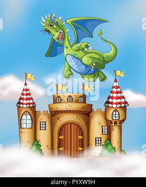 Fairy tale castle and flying dragon with red wings in wasteland ...