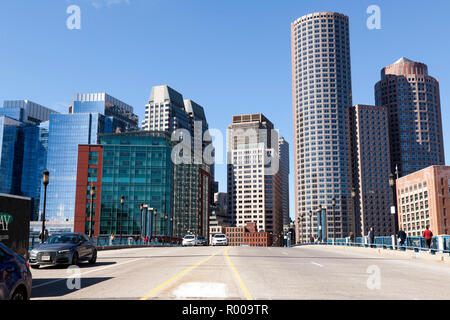 Aerial view of Boston skyline and the Seaport boulevard bridge ...