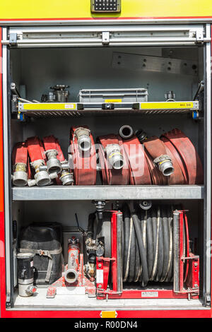 Fire and Rescue Service fire engine compartments with equipments for ...