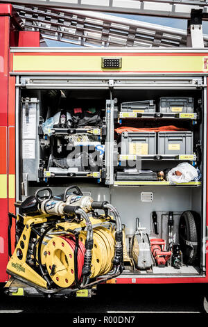 Fire and Rescue Service fire engine compartments with equipments for ...