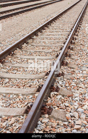Close-up of concrete railroad ties. Selective focus. The concept of ...