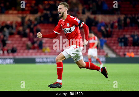 Middlesbrough's Lewis Wing celebrates scoring his side's first goal of ...