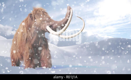 woolly mammoth in a snow storm, prehistoric mammal in ice age landscape ...