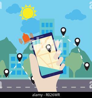 hand using smartphone device block style icon vector illustration ...