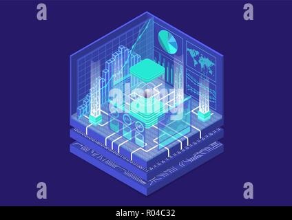 Technology isometric design for quantum computer. Blockchain server ...