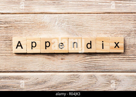 appendix word written on wood block. appendix text on table, concept ...