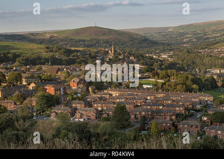 General view of Seel Park, home of Mossley AFC with St John the Baptist ...