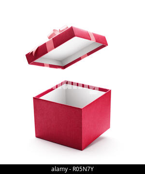 A red Merry Christmas gift box sits beside a silver present tied with a ...