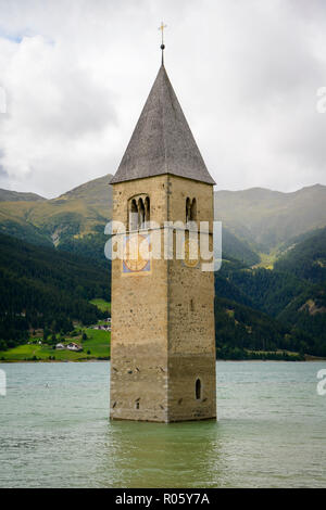 Church tower of Alt-Graun in Lake Reschen, Graun, Vinschgau, South ...