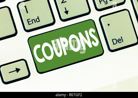 Text sign showing Coupons. Conceptual photo Certificate Ticket Label ...