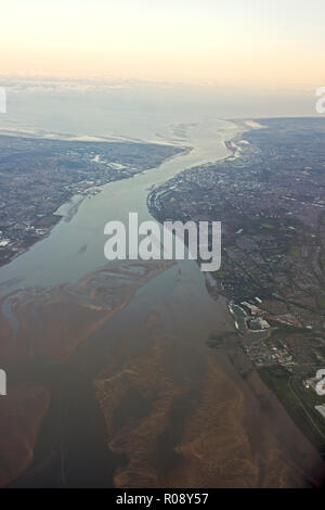 Aerial shot of Liverpool, Birkenhead and the Mersey estuary, England ...