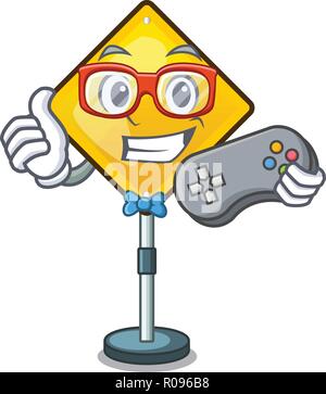 Attention gamer. Yellow road sign danger. Caution guy plays video game ...