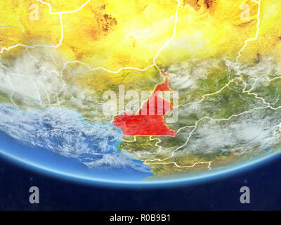 Cameroon on model of Earth with country borders and blue oceans with ...