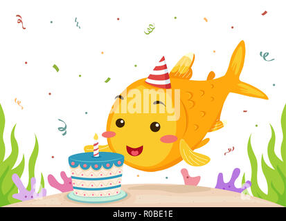 Illustration of a Fish Wearing a Birthday Hat Swimming Underwater with ...