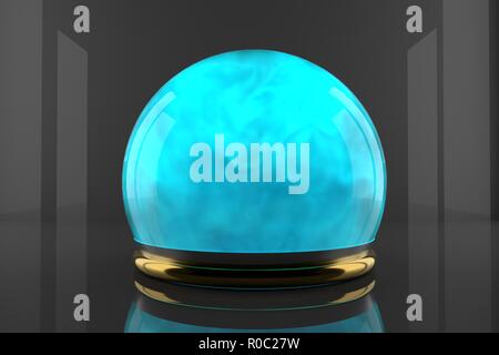 Crystal ball with fume particles motion. Cyan color gas inside a glass ...