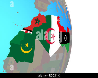 Maghreb region with national flags on blue political globe. 3D ...