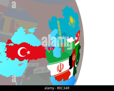 ECO member states with national flags on 3D globe. 3D illustration ...