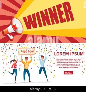 Lottery winner. Women and man stand with winner banner, 1000000. Happy ...