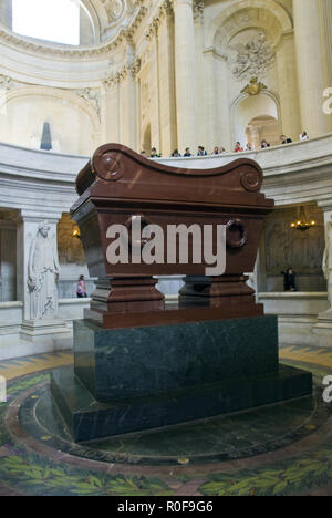 The red quartzite and granite tomb of emperor Napoleon Bonaparte at Les Invalides, in Paris ...