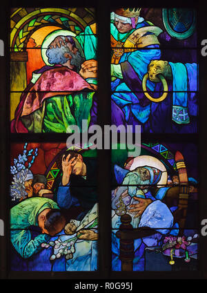 Death of St Methodius. Detail of stained-glass window by Alfons Mucha ...