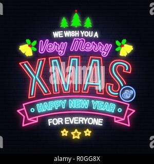 Xmas decoration neon sign set. Star, New Year cap, calendar. Night ...