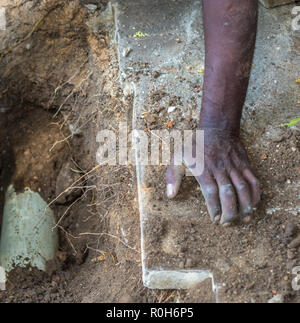 Black hands doing manual labor digging in the soil image with copy ...