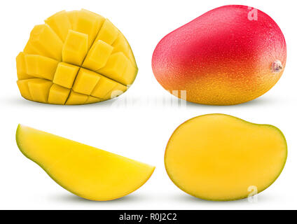 Isolated collection of mango. Whole, half, cubes of mango fruit with ...