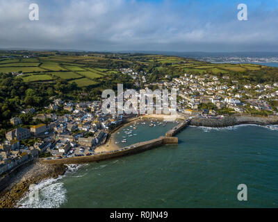 Aerial view of Mousehole harbour in summer sun Cornwall England UK ...