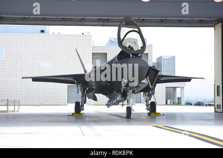 Italian Air Force F-35A parked in the hangar at Amendola Air Base ...