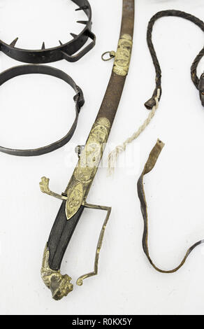 Iron handcuffs with chains, medieval torture, inquisition Stock Photo ...