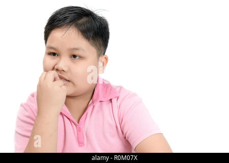 Portrait of obese fat boy with finger on lips isolated on white ...
