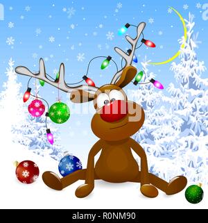 Cartoon deer decorated with Christmas fir-decorations and a bow-knot. A ...