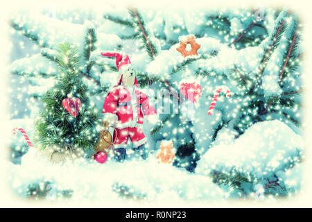 Christmas tree, santa bunny, snow and heart decoration with wooden ...