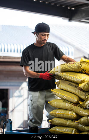 Japanese farmer wearing black cap standing next to stack of yellow ...