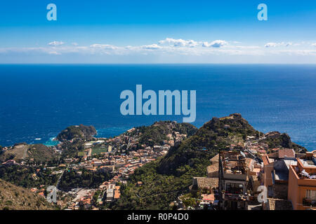 The view from the small village Castelmola at mountain top above ...