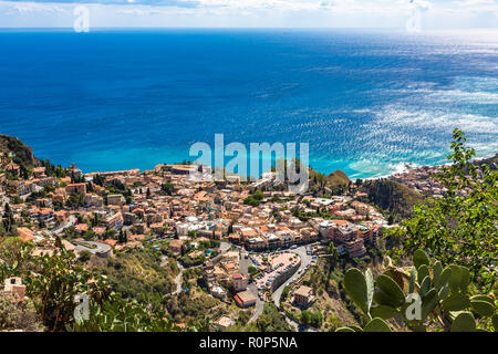 The view from the small village Castelmola at mountain top above ...