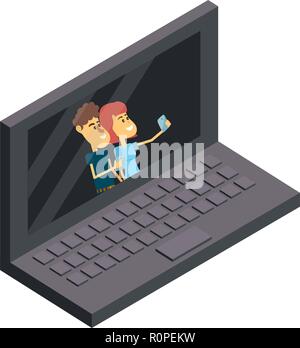 Couple on laptop screen isometric concept in black and white Stock ...