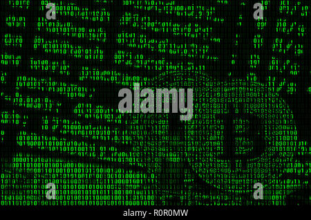 Image of the binary code from bright green digits, through which the image of the physical ...