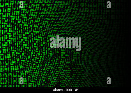 An image of a corrupted and distorted binary code made up of a set of green digits on a black ...