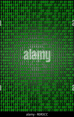 An image of a binary code made up of a set of green digits on a black ...