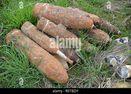 Unexploded First World War artillery shells, near Gommecourt, France ...