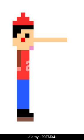 An 8-bit pixel art Pinocchio toy with a long nose and the text Fake ...