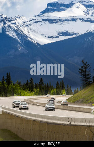 Rocky Mountains. View of approaching vehicle headlights on a road ...