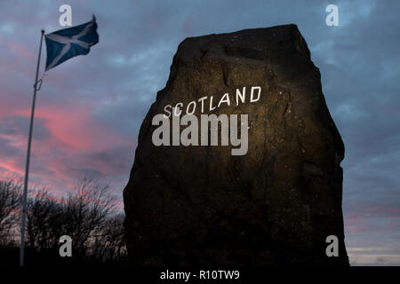 The large rock with Scotland engraved and painted in white, which marks ...