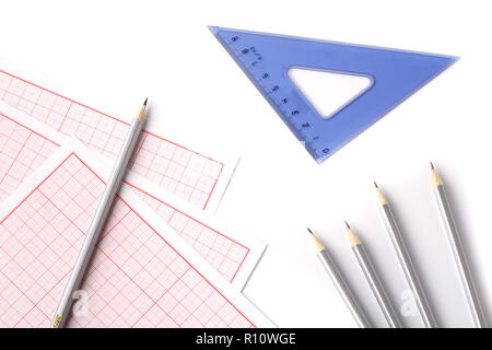 A top view closeup of a ruler, pencils, eraser, cutter, notebook, on ...