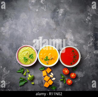 Autumn set of different vegetable soups. Healthy food. Vegan hot cream ...