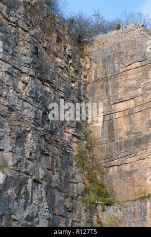 Rock climbing at Llanymynech Rock Nature Reserve, Wales, June 2021 ...