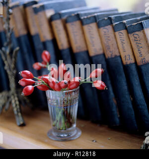 Beautiful old books on a red wooden table. Green wall background Stock ...